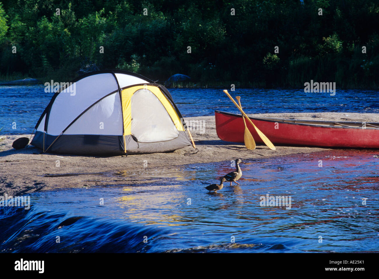 tent and canoe at waterfall. Whiteshell Provincial Park, Manitoba ...
