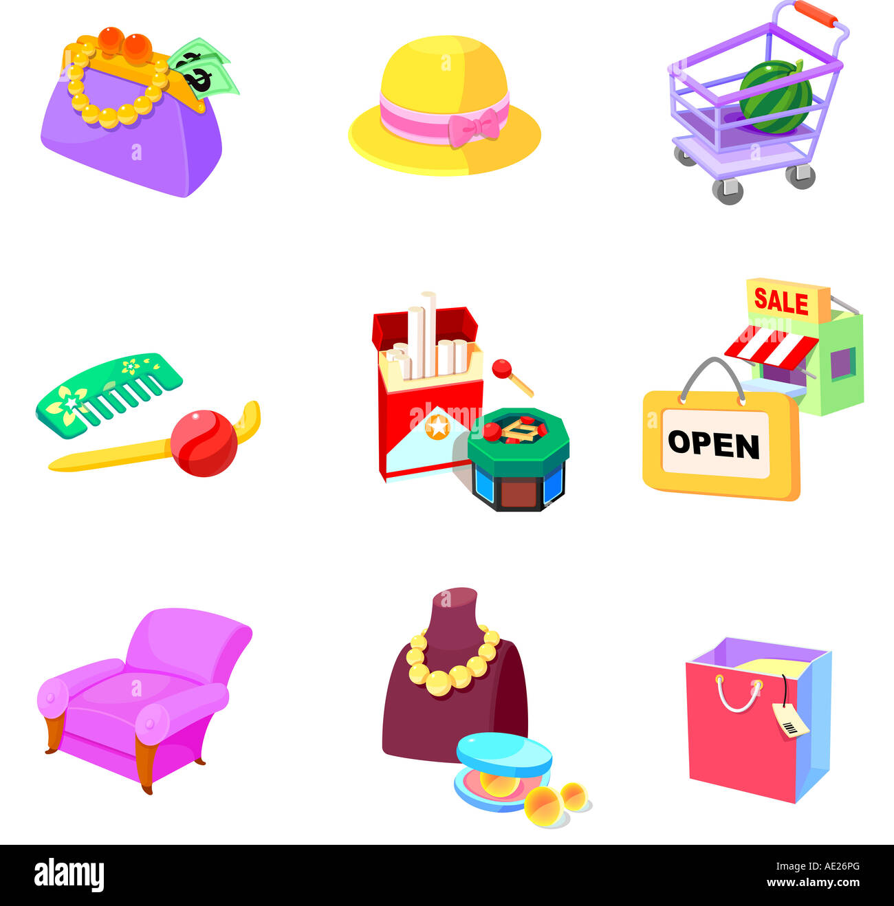 Various shopping related objects on a white background Stock Photo - Alamy