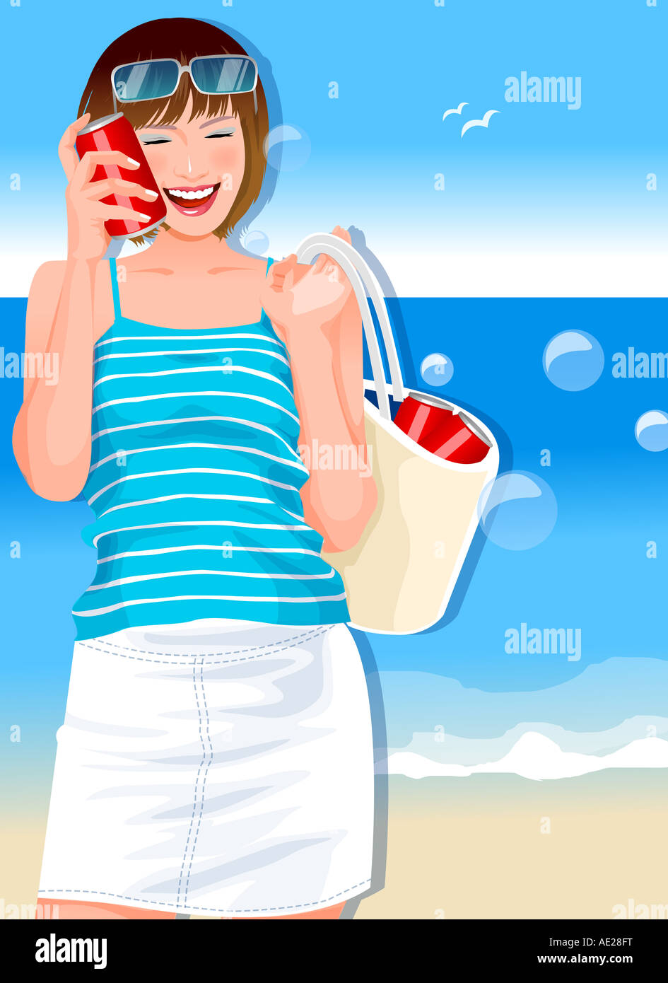 Close-up of a woman holding a can against her cheek and smiling Stock ...