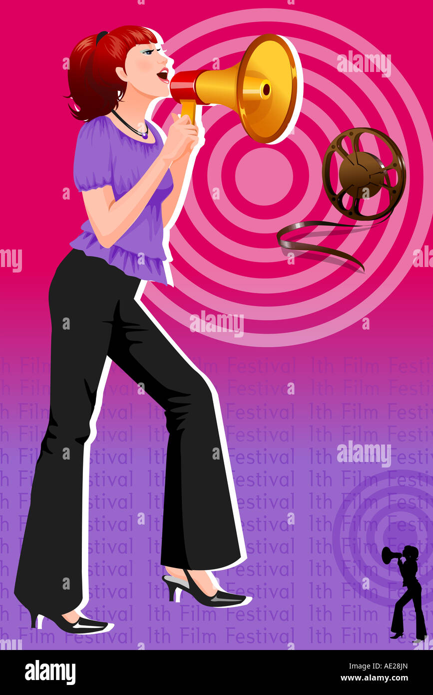 Side profile of a woman shouting into a megaphone Stock Photo - Alamy