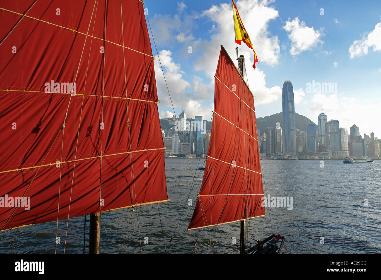 China Hong Kong Victoria harbour with red chinese sailing junk Stock ...