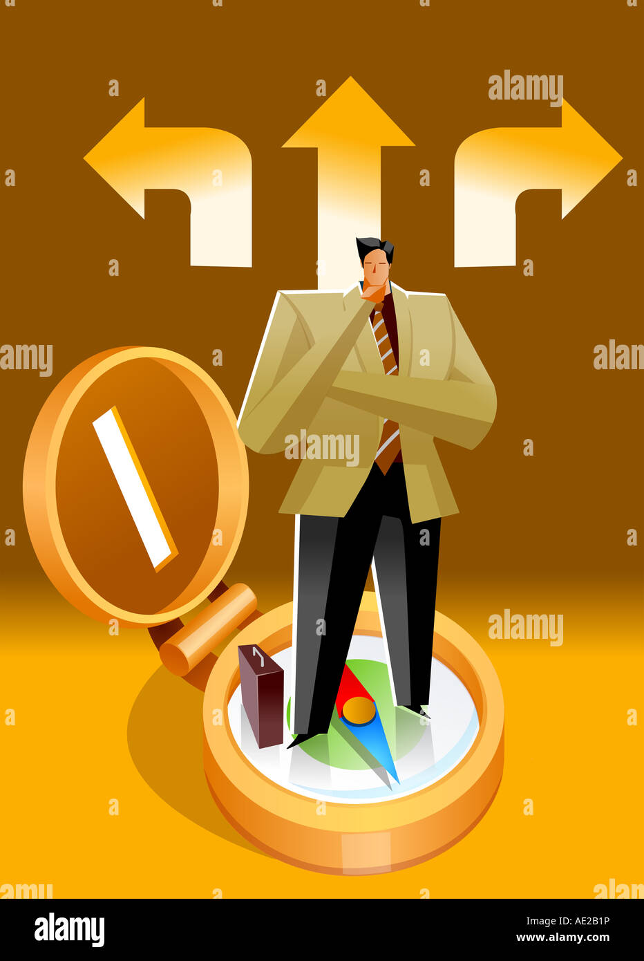 Businessman standing on a compass and looking confused Stock Photo - Alamy