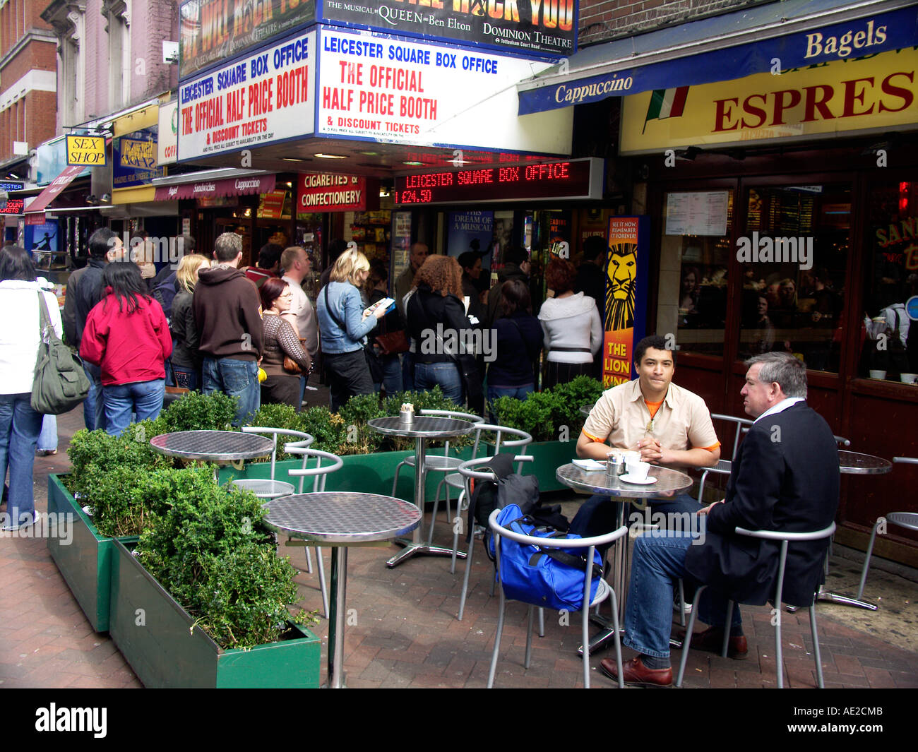 Cranbourn Street ticket booths and cafe Leicester square London England ...