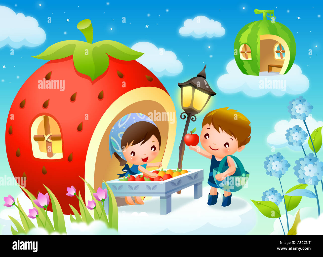 Girl selling apples to a boy Stock Photo - Alamy