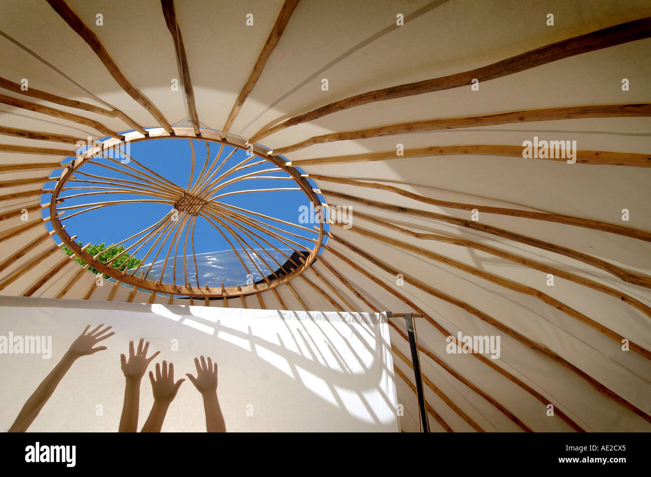 Shadow dancing using hands in a yurt Stock Photo - Alamy