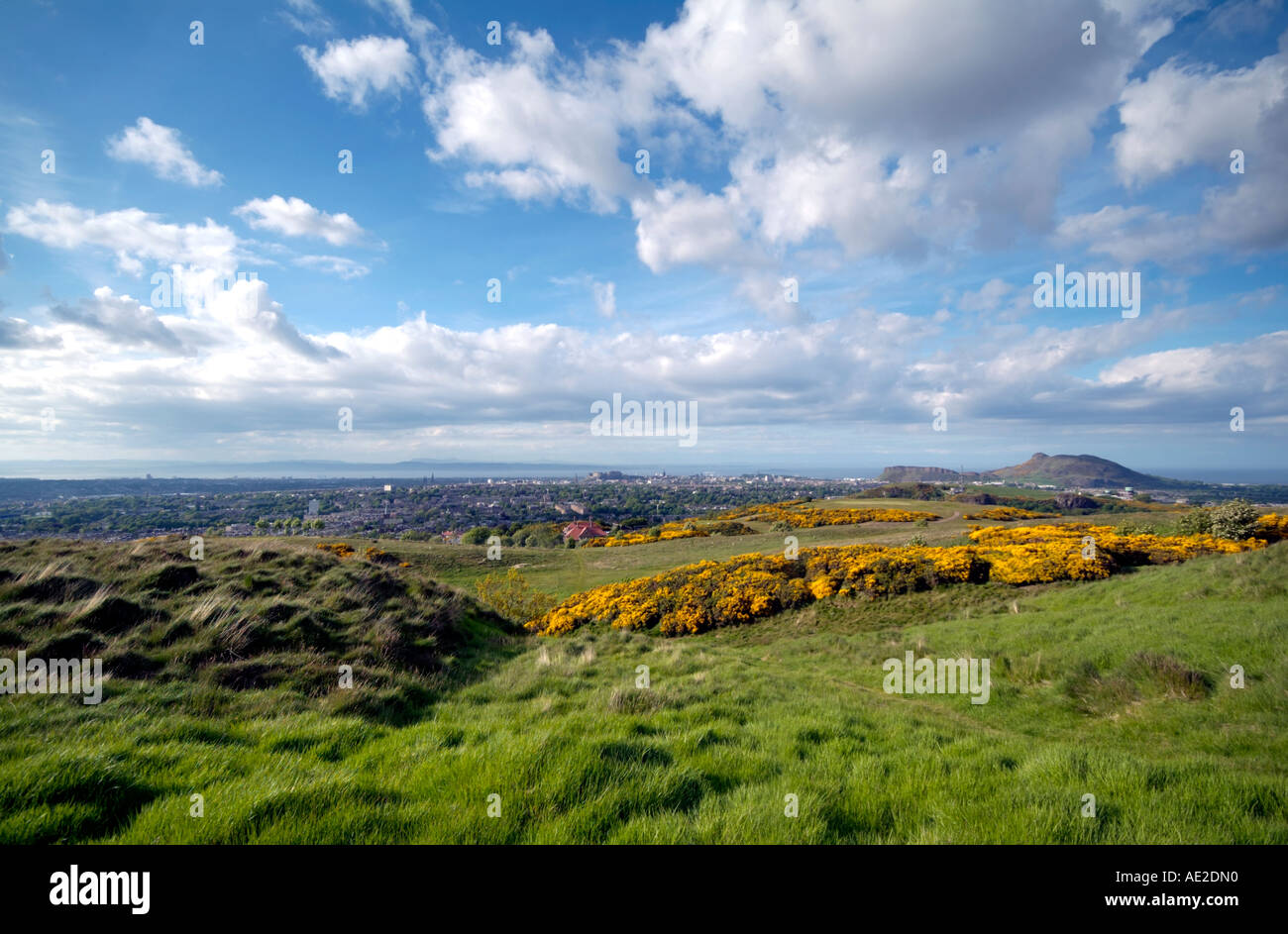 View of Edinburgh from the Braid Hills with lush green grass and the ...