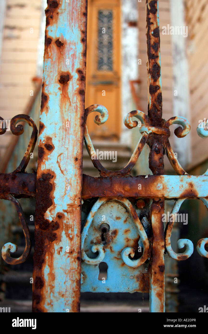 Rusty blue gate Lefkas Town Greece Stock Photo - Alamy