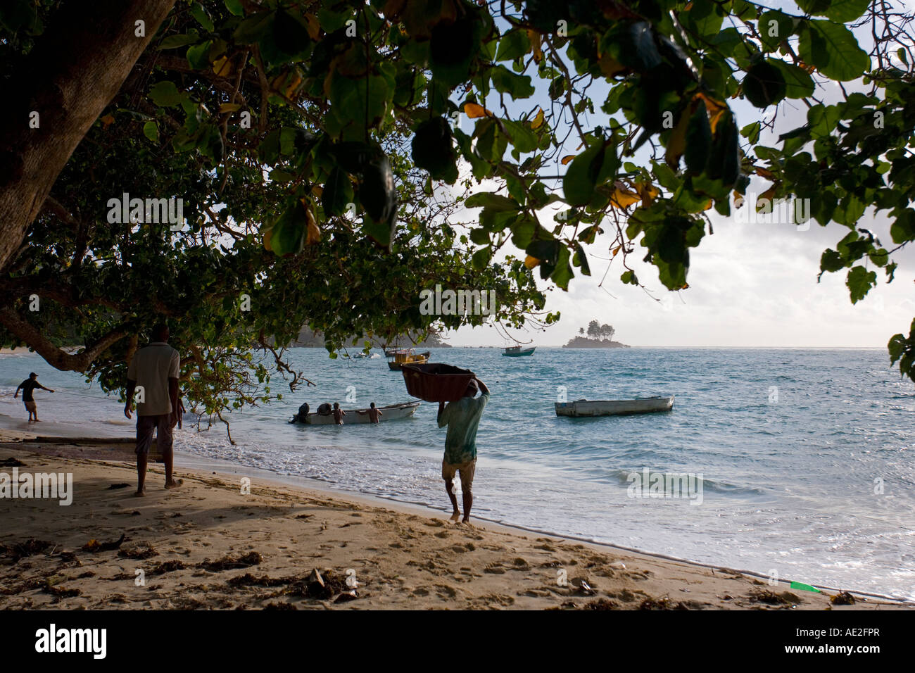 Fishermen bringing the catch on Anse Royale Mahe Island Seychelles ...