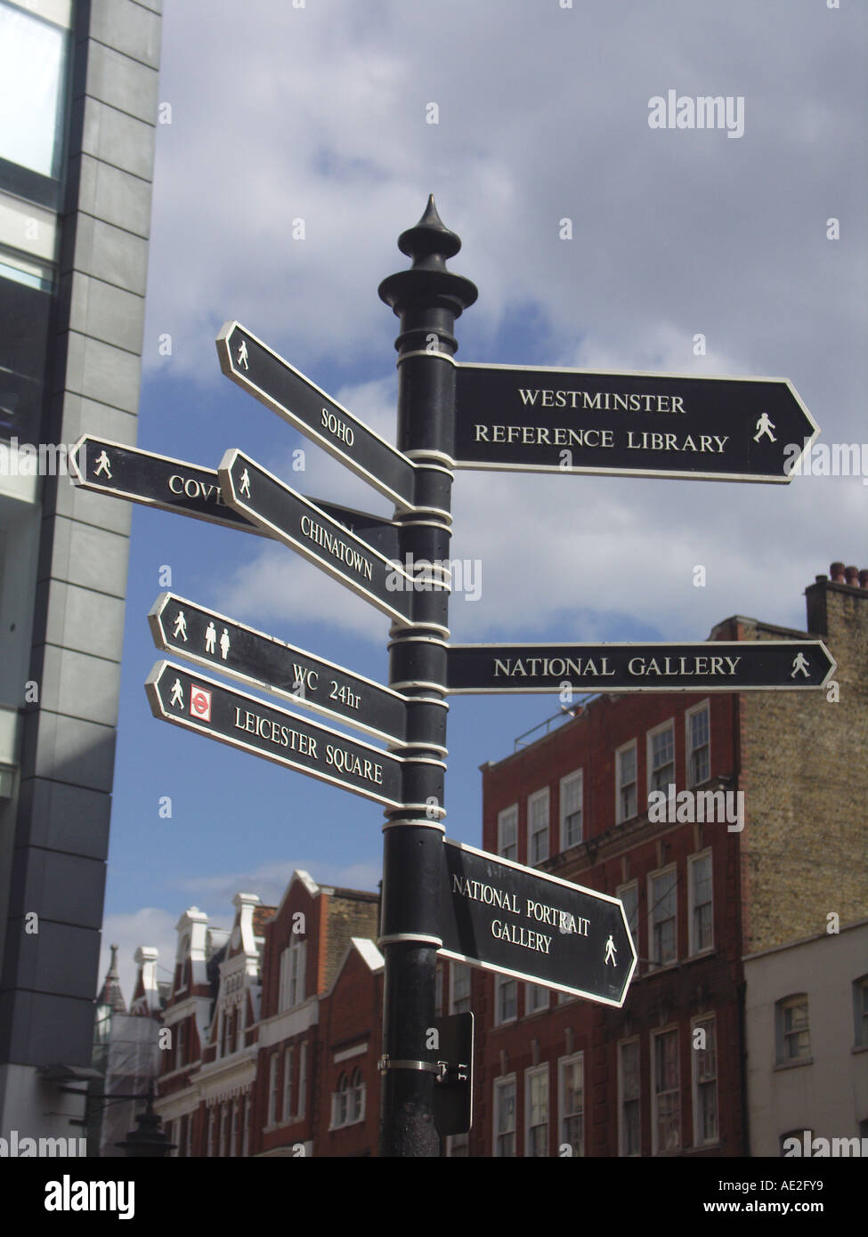 Signpost to major tourist attractions Leicester Square London England ...