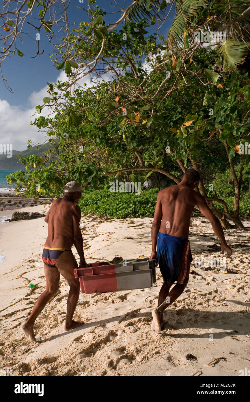 Fishermen bringing the catch on Anse Royale Mahe Island Seychelles ...
