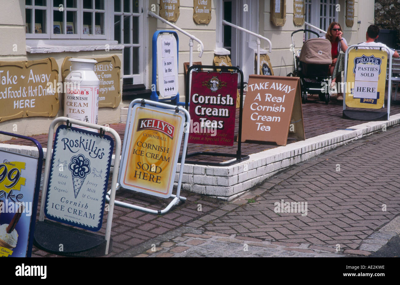 Row of signs for Cornish products Cornwall England Stock Photo - Alamy