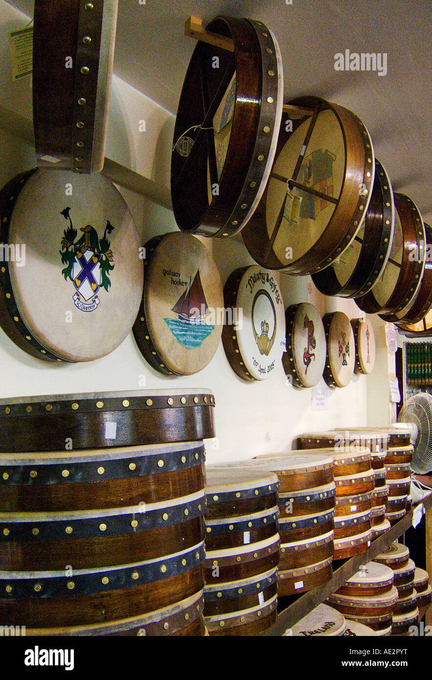 Traditional Irish goat skin bodhrans in workshop of master craftsman ...