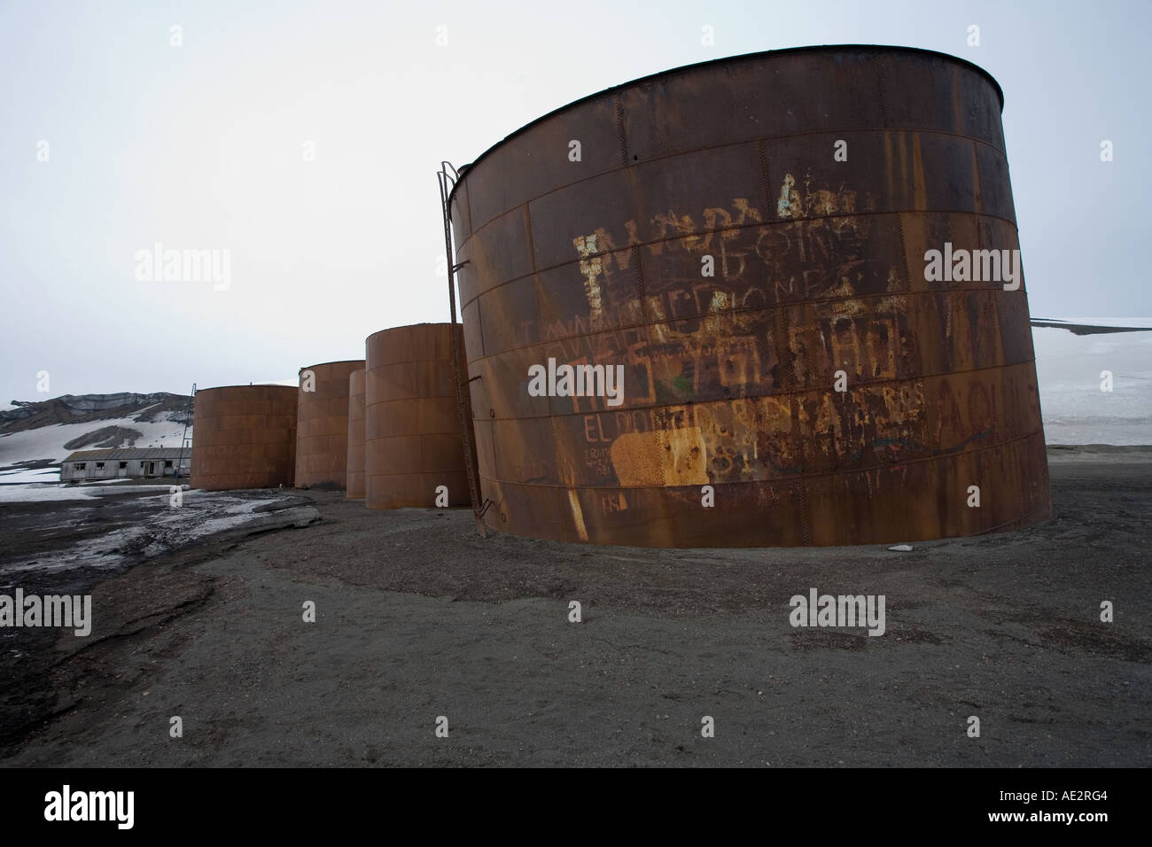 Old rusty storage tanks at the abandoned whaling station on Deception ...