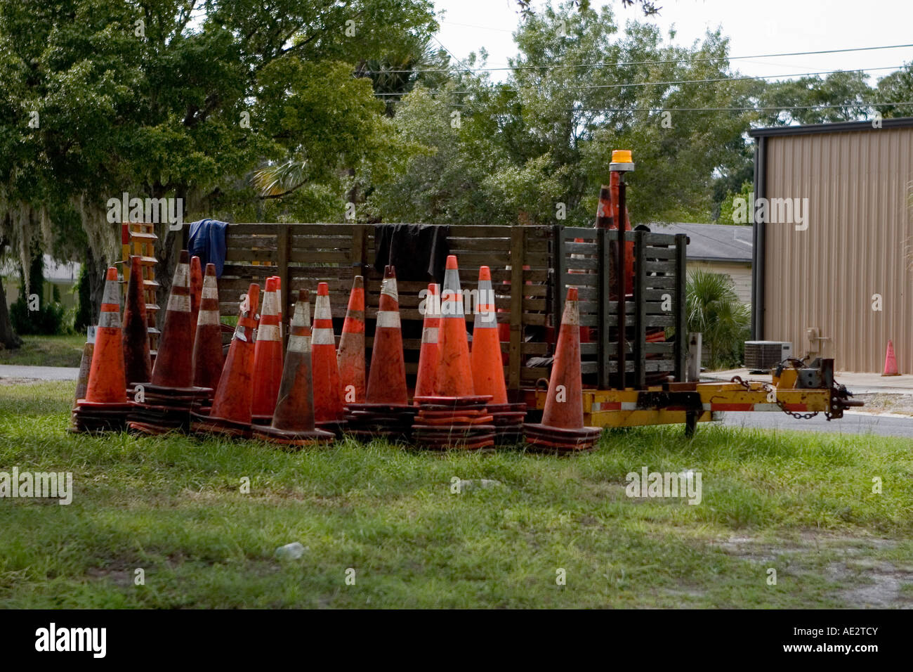 Roadside Depot for Traffic Control Stanchions, Cones and Signs Stock ...
