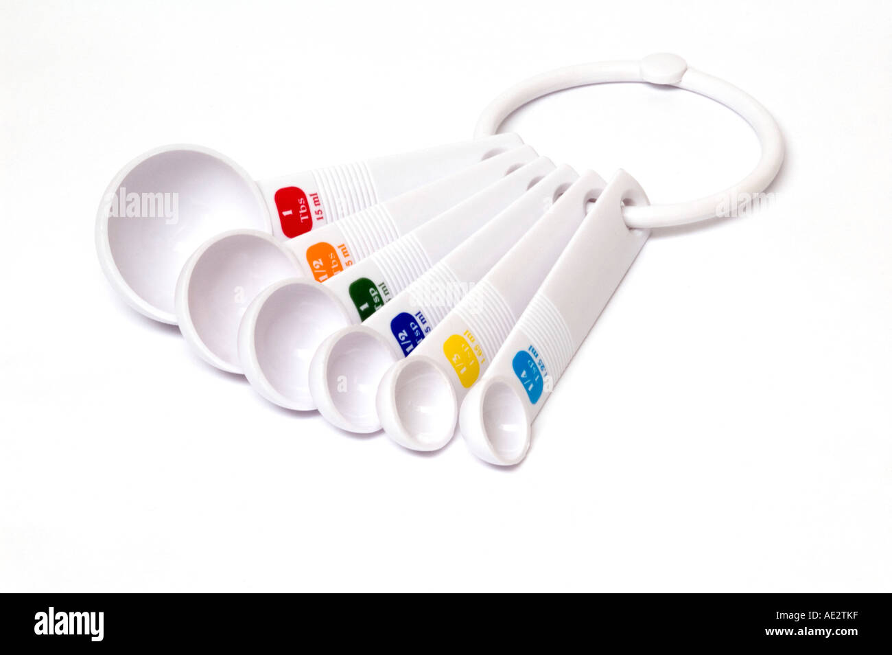 Set of white plastic measuring spoons Common measures isolated white ...