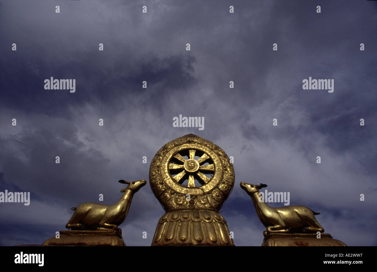 the golden Buddhism wheel flanked by sheep on the roof of the Jokhang ...