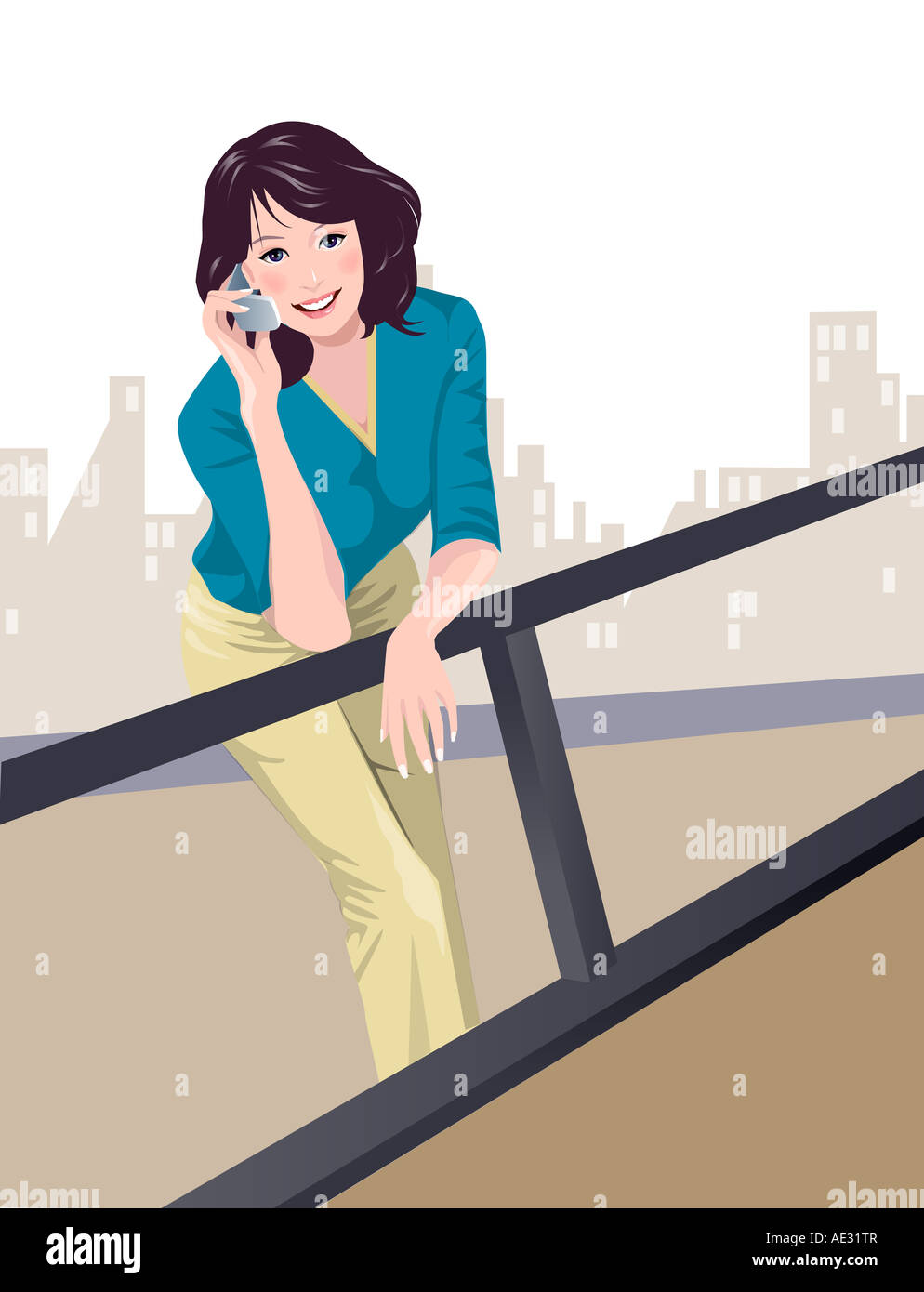 Portrait of a woman leaning against a railing and talking on a mobile ...