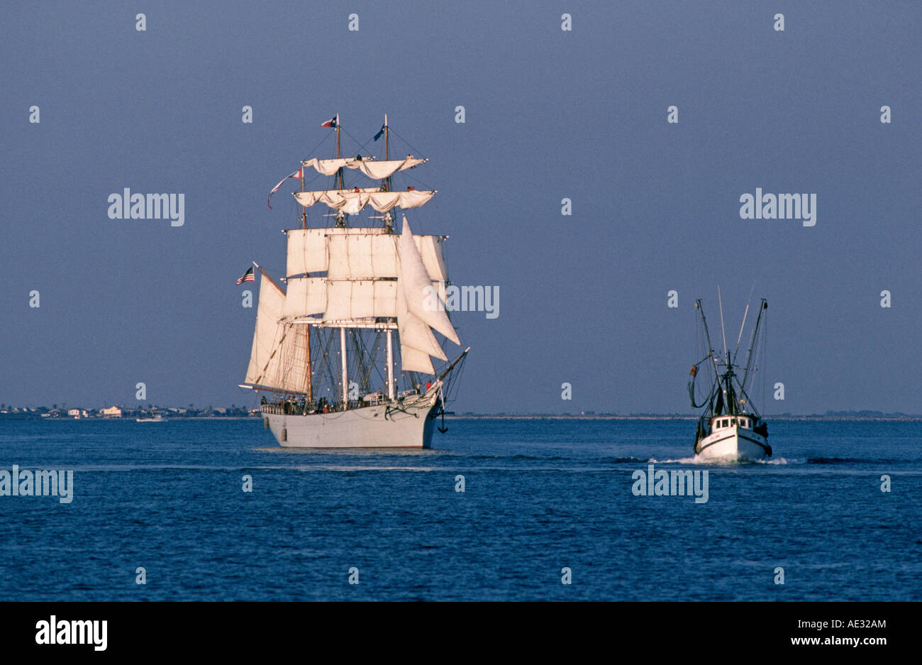 A view of the square rigged sailing ship Elissa as she sails out of ...