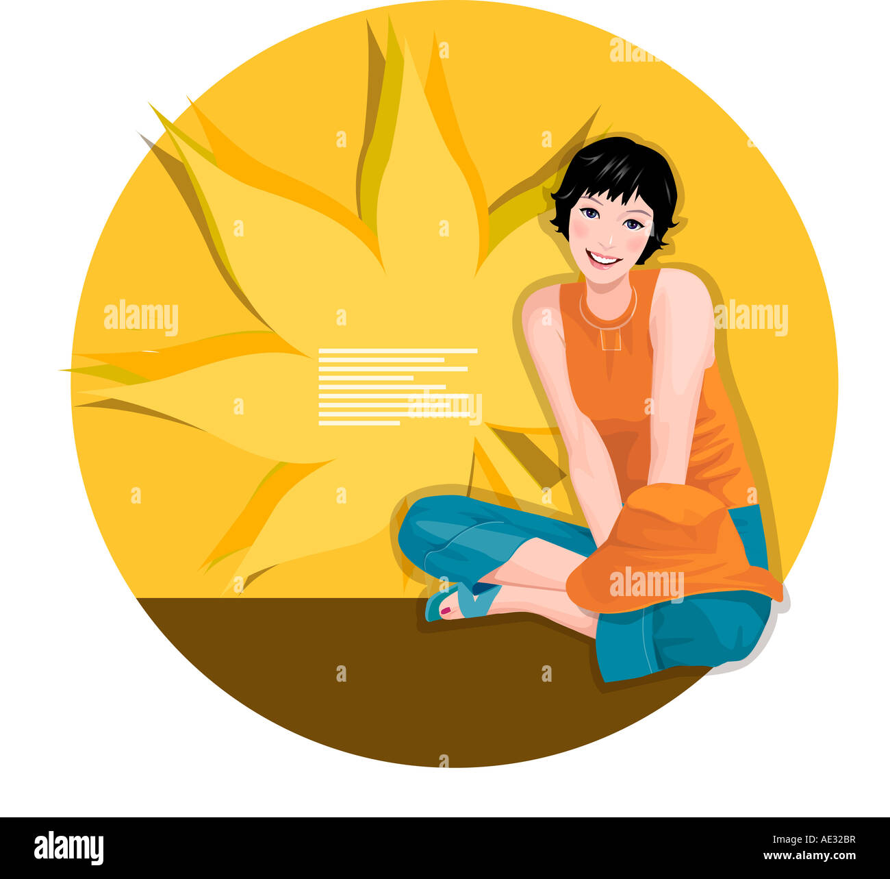 Portrait of a woman sitting and smiling in front of a poster Stock ...