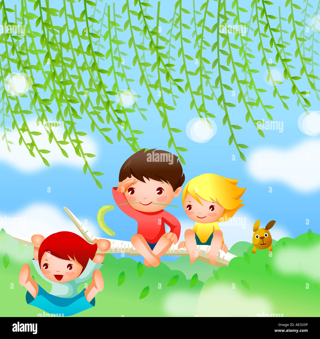 Boy with a girl sitting on the branch of a tree with another boy ...