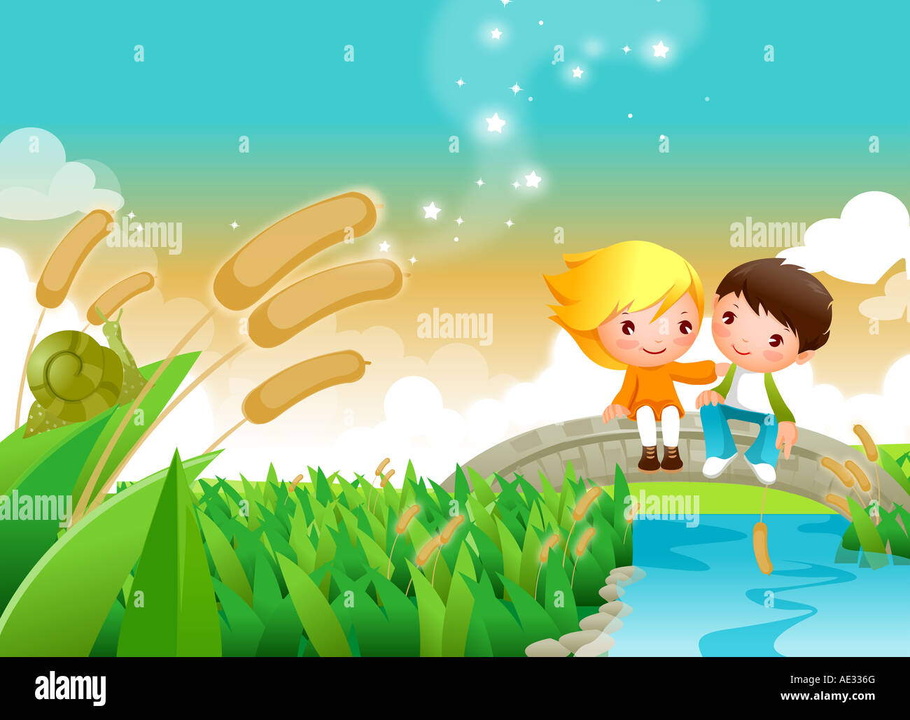 Boy and a girl sitting on a bridge Stock Photo - Alamy