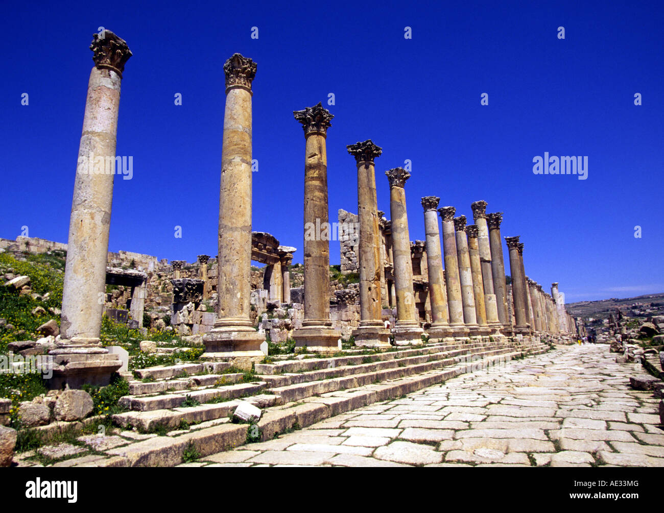 Columns mark the site of the ancient Roman and Crusader city of Jerash ...