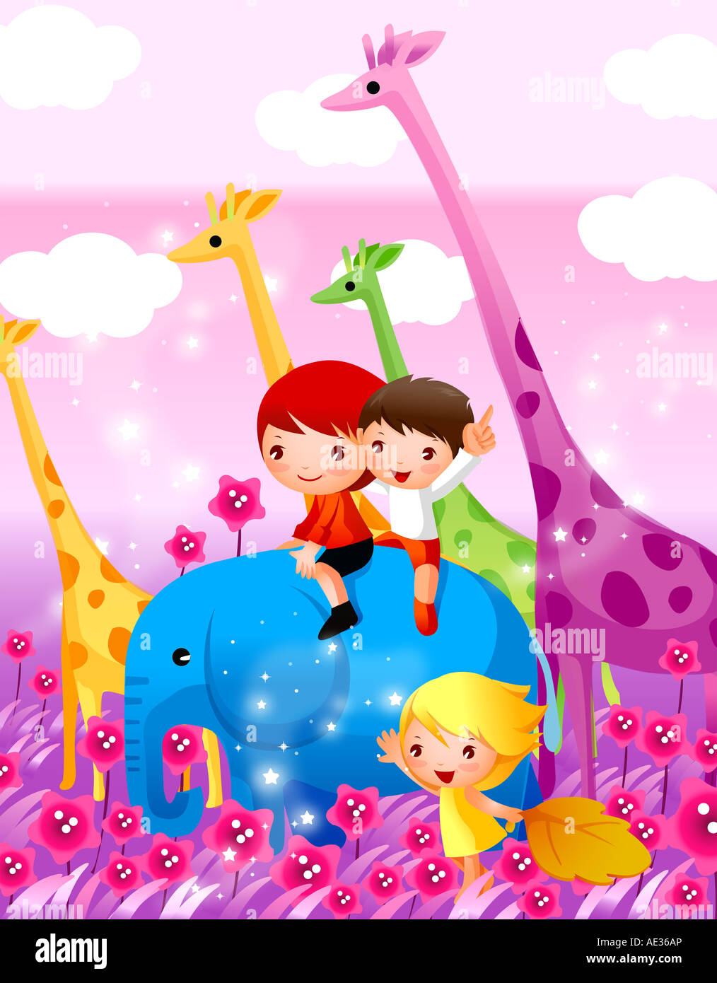 Two boys sitting on an elephant with a girl standing beside them Stock ...