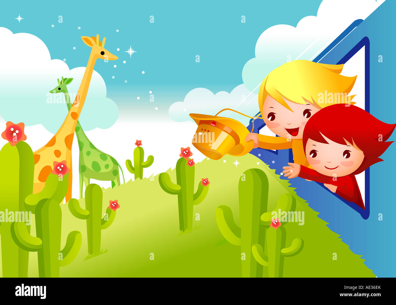 Boy and a girl looking out from the window of a train Stock Photo - Alamy