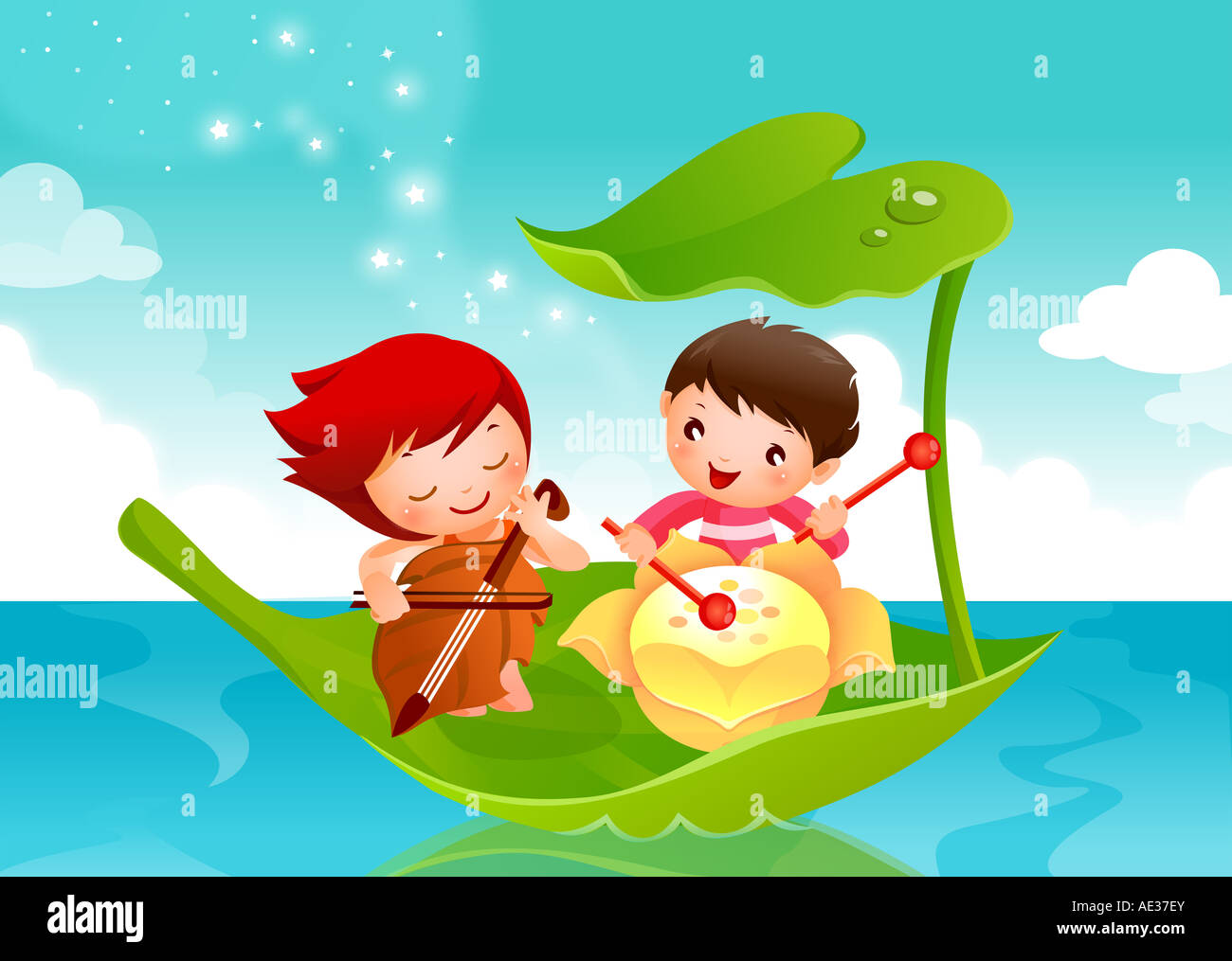 Boy and a girl playing musical instruments and floating on a leaf Stock ...