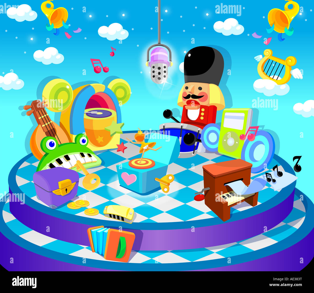 Various musical instruments on a stage Stock Photo - Alamy