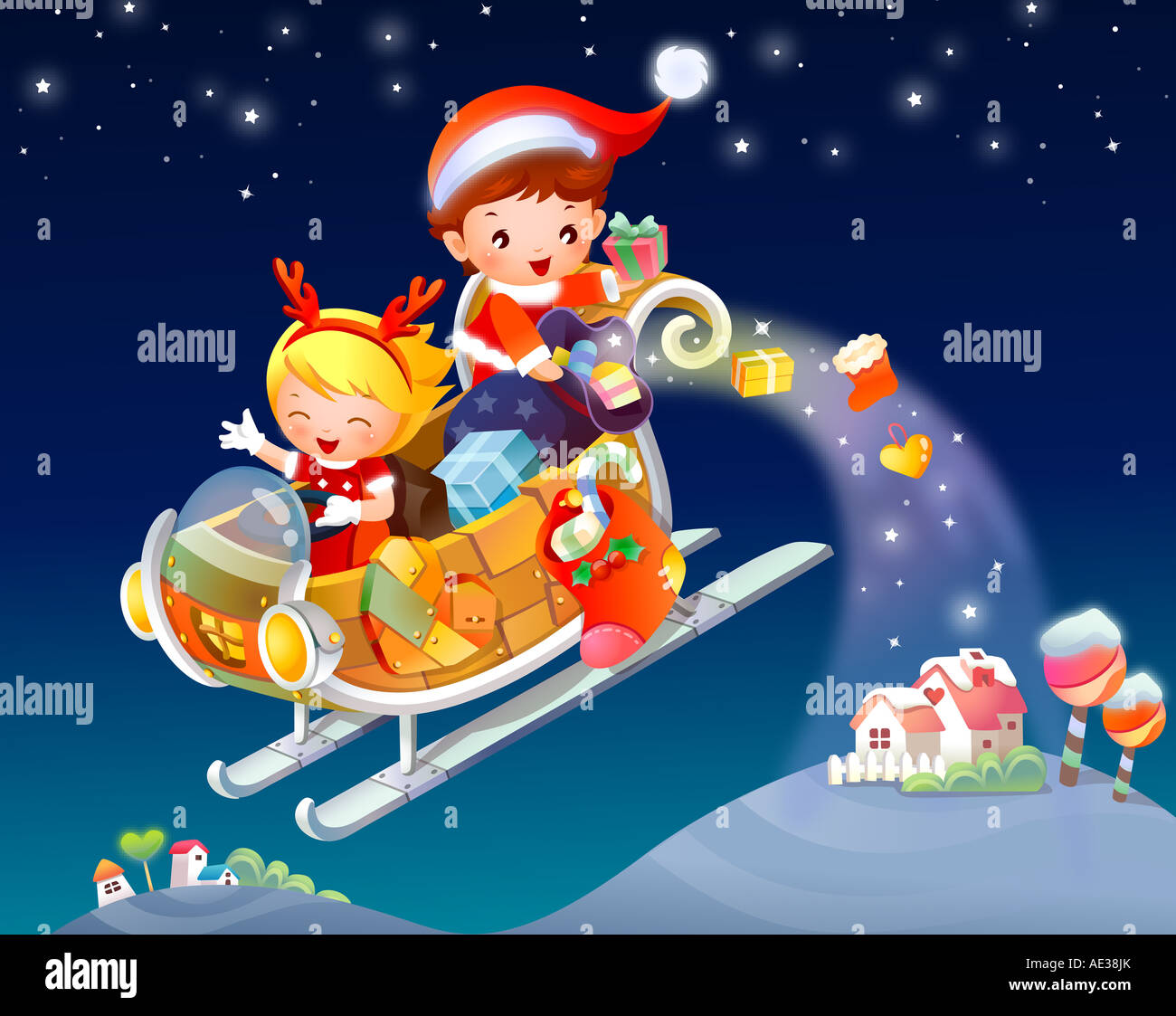 Santa Claus throwing gifts Stock Photo - Alamy
