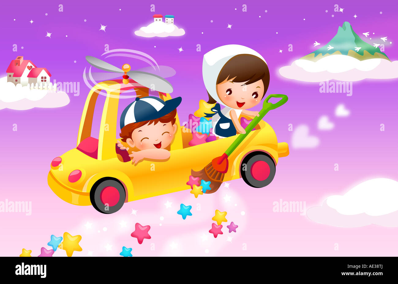 Boy and a girl flying in a convertible car Stock Photo - Alamy