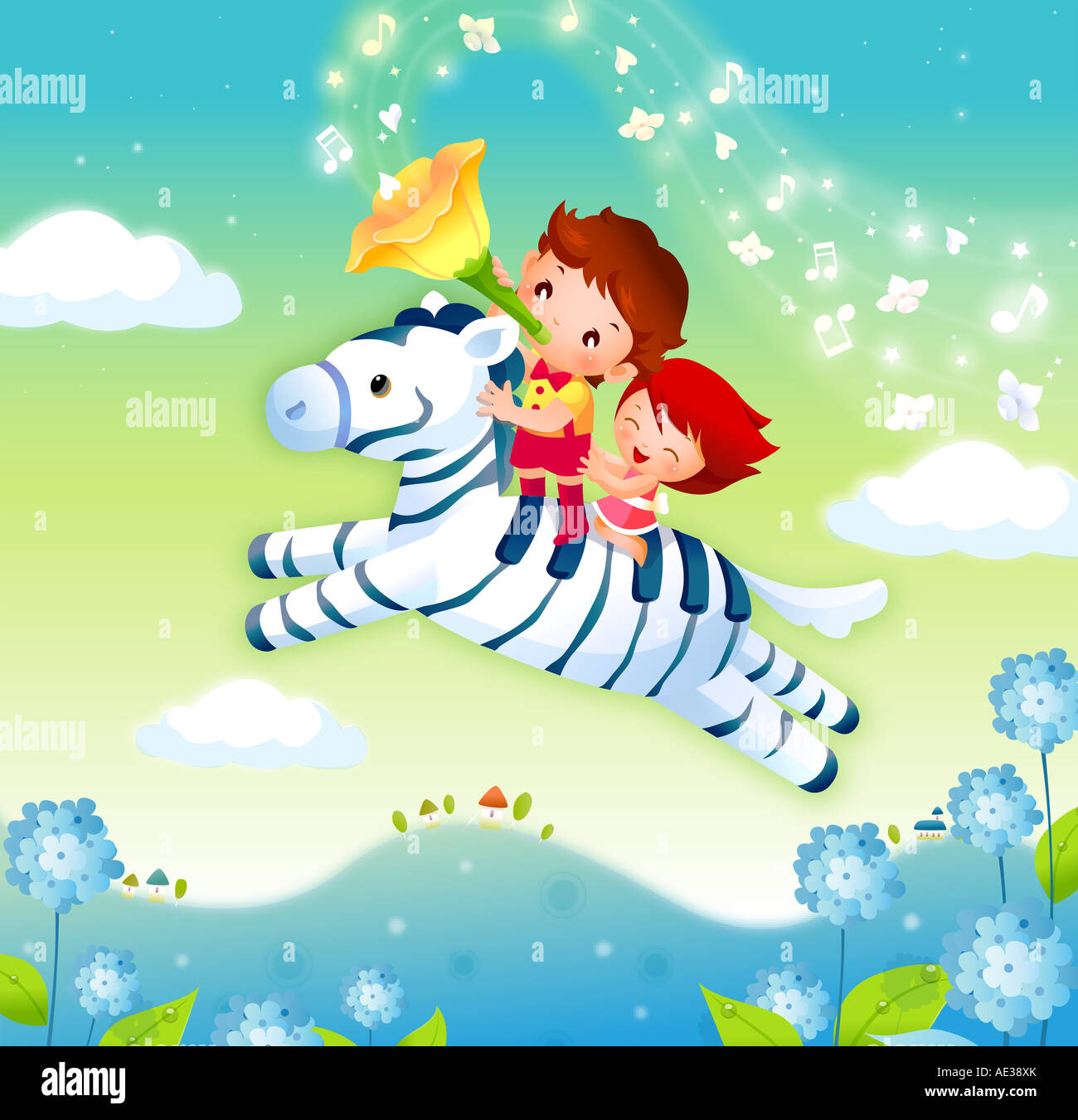 Boy and a girl riding a zebra in the sky Stock Photo - Alamy