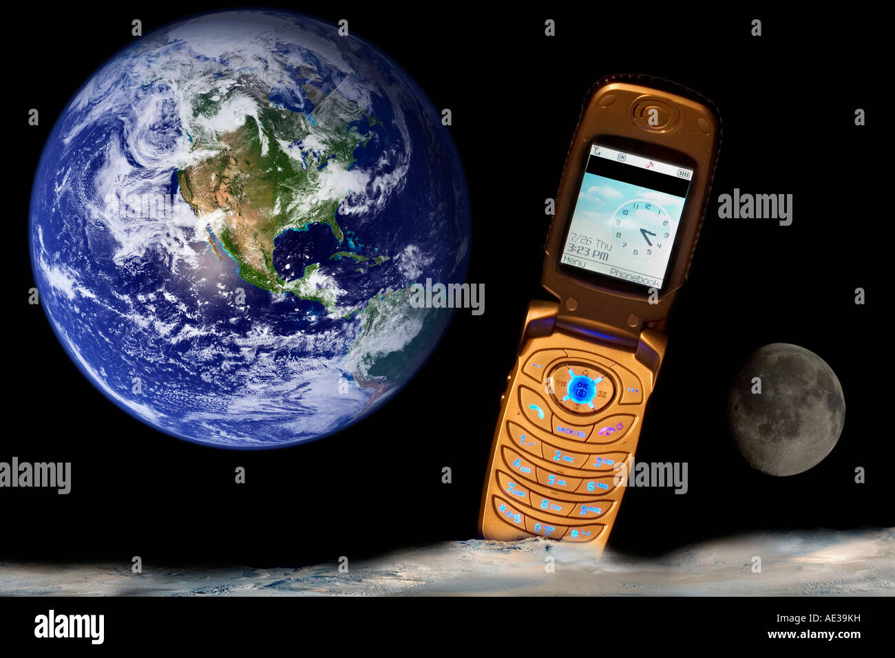 Planet earth and moon as seen from space with juxtaposition of cellular ...