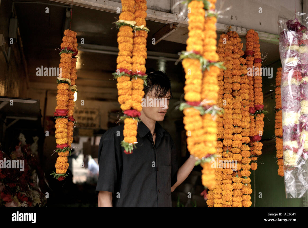 Portrait of man through flower chains Stock Photo - Alamy