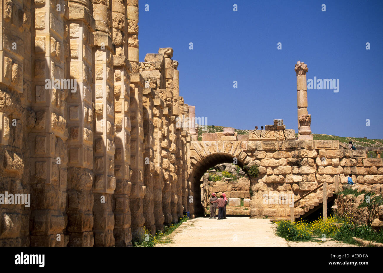 Columns mark the site of the ancient Roman and Crusader city of Jerash ...