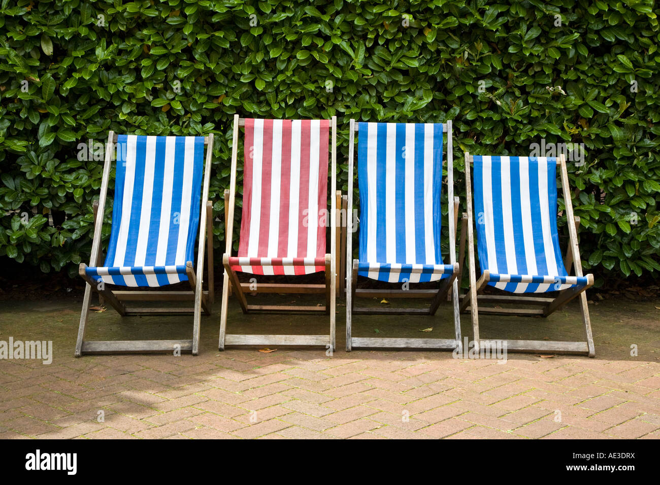 A family of empty traditional deck chairs in a park Stock Photo - Alamy