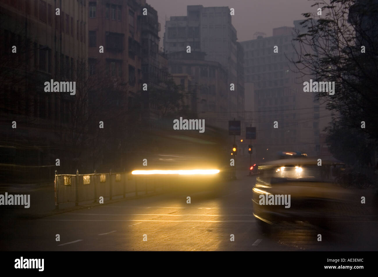 Early morning in Central Calcutta India Traffic scene dipicting ...