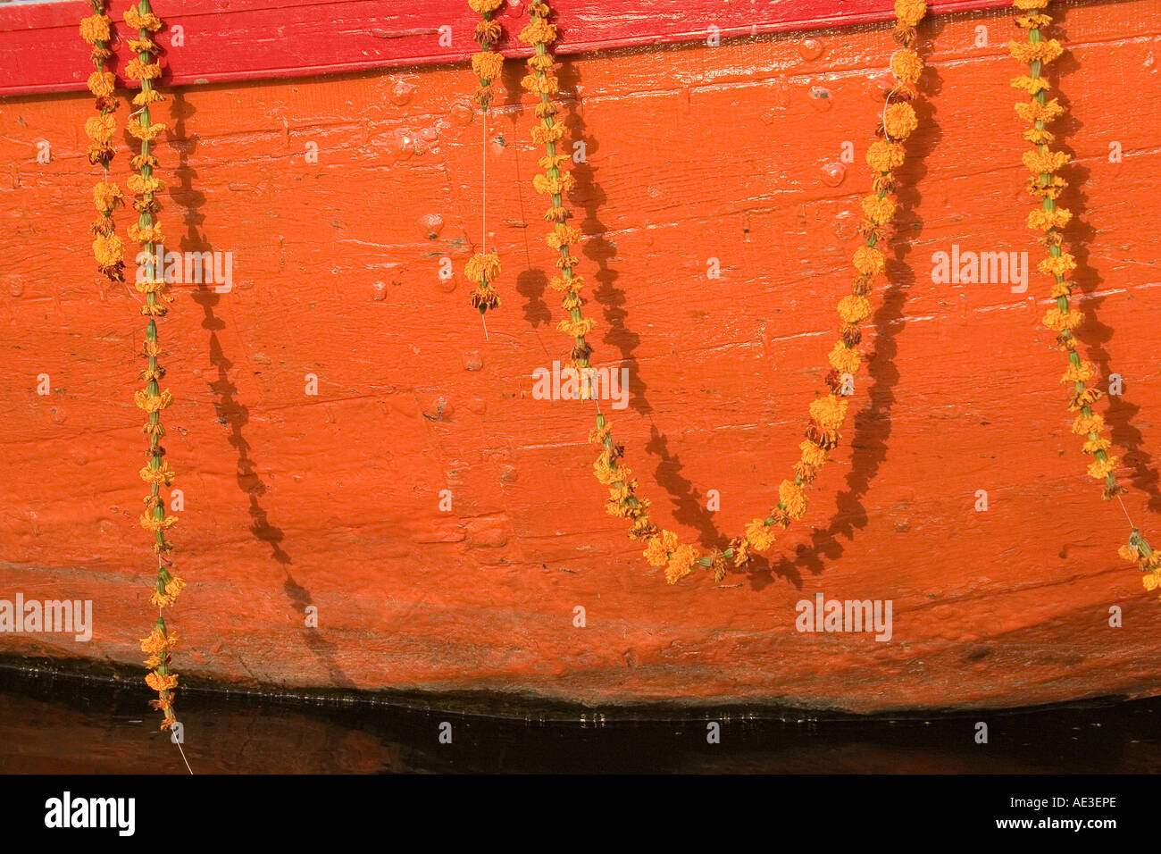 Side of a boat with hanging garlands Varanasi India Stock Photo - Alamy