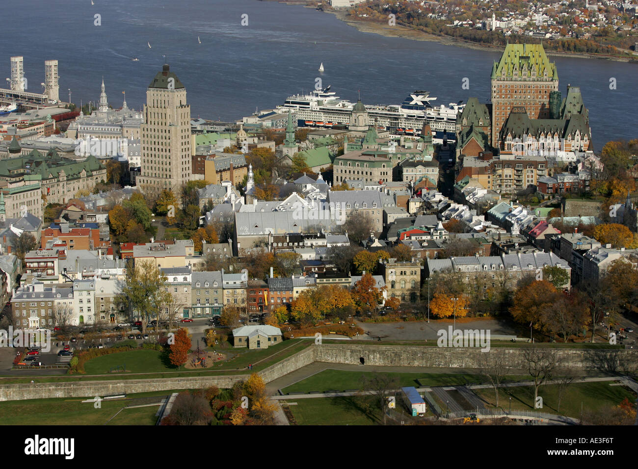 Aerial view of Old Quebec and the Hotel Chateau Frontenac in Quebec ...