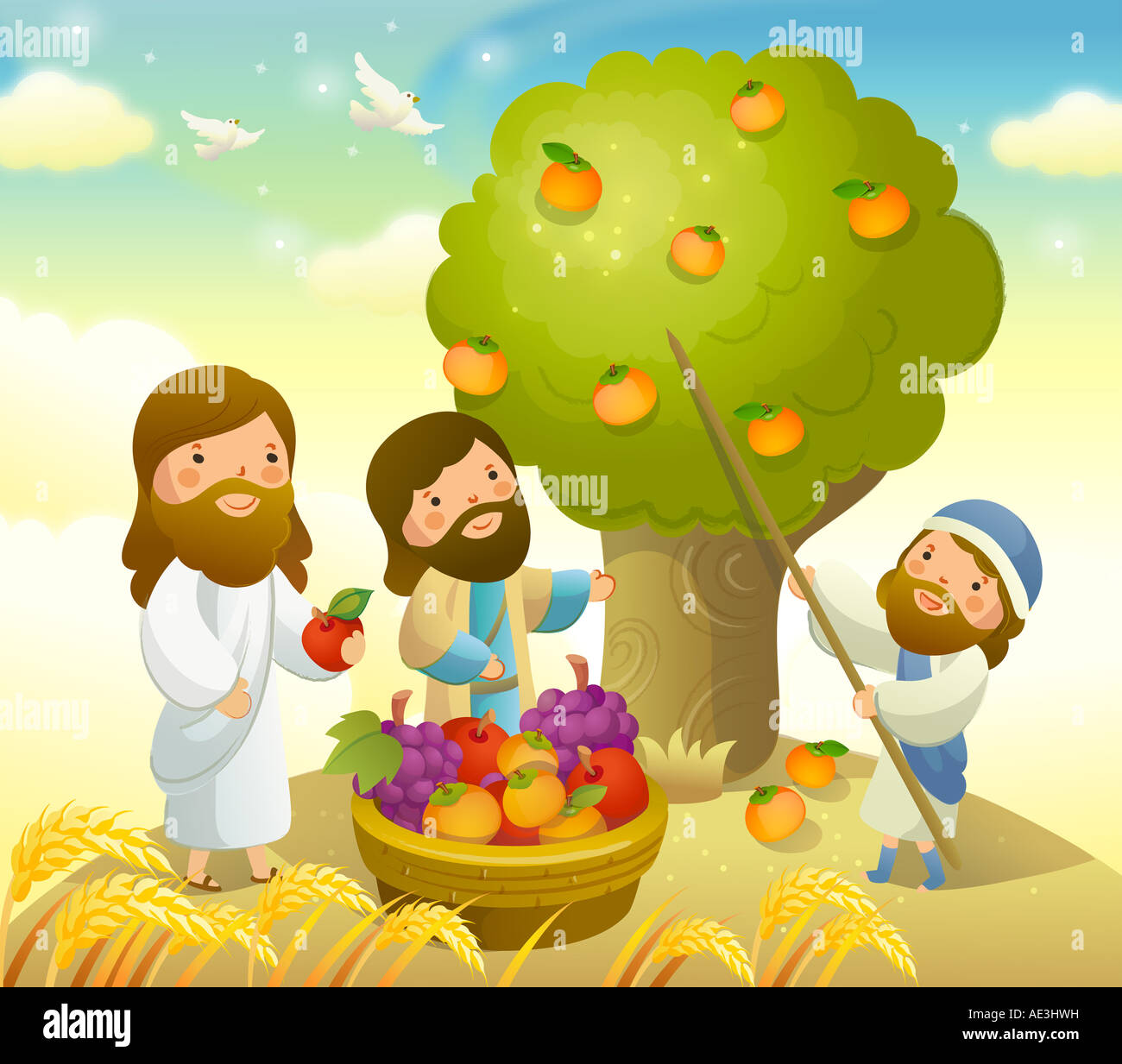 Man picking oranges from the tree with Jesus Christ and another man ...