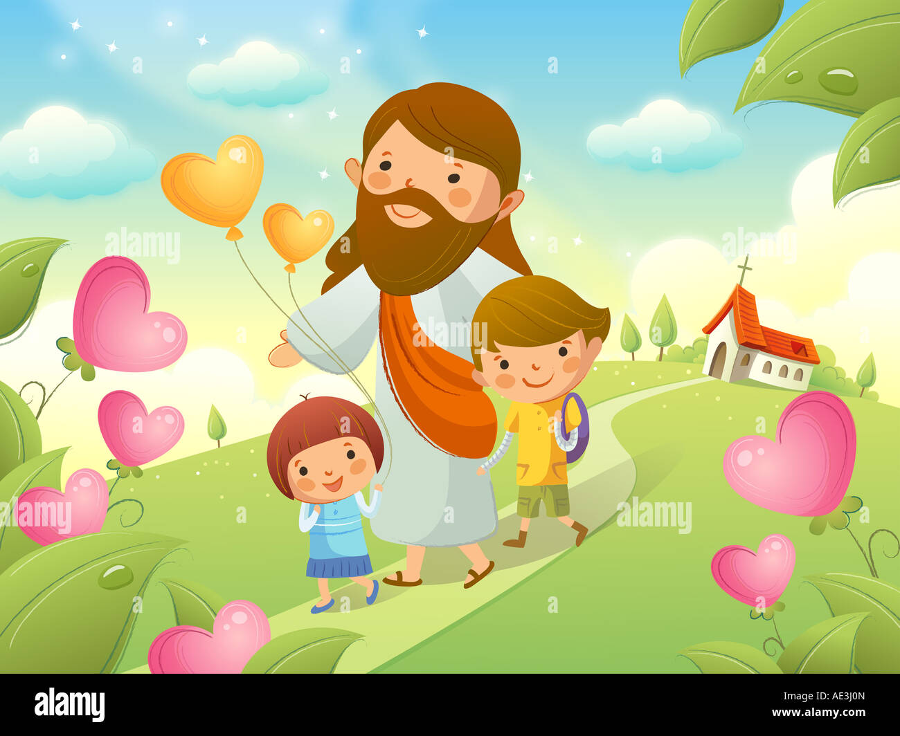 Jesus Christ walking with two children Stock Photo - Alamy