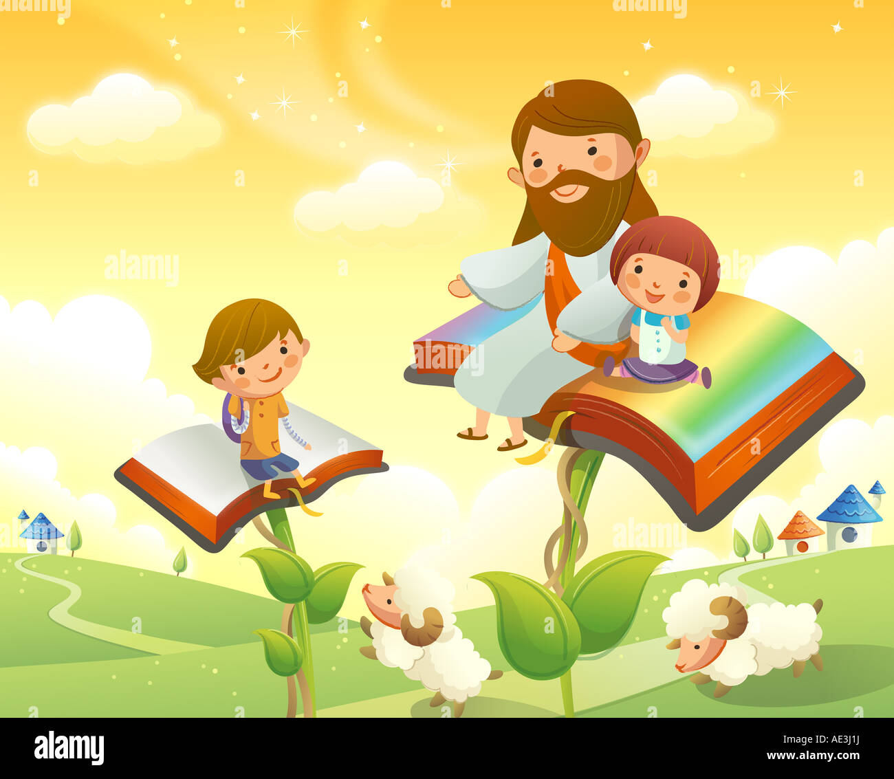 Jesus Christ sitting with two children on books Stock Photo - Alamy