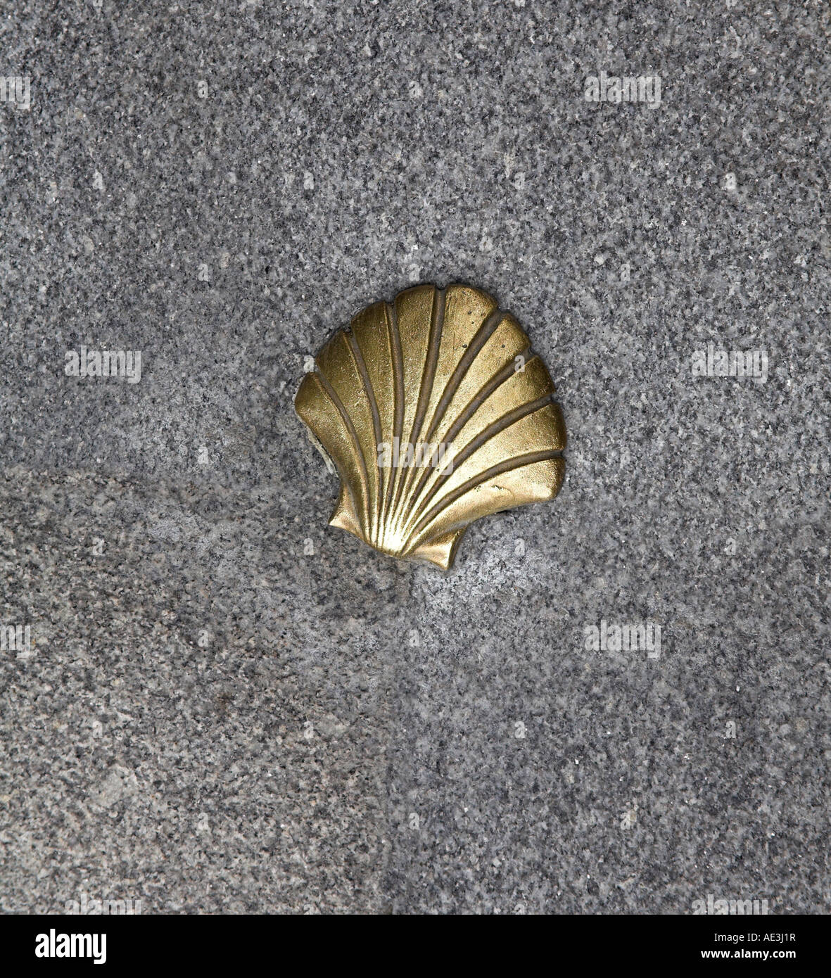 Cockleshell scallop marker on footpath for pilgrims route to Santiago ...