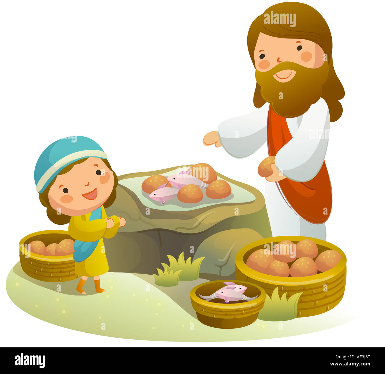 Side profile of Jesus Christ serving food to a girl Stock Photo - Alamy