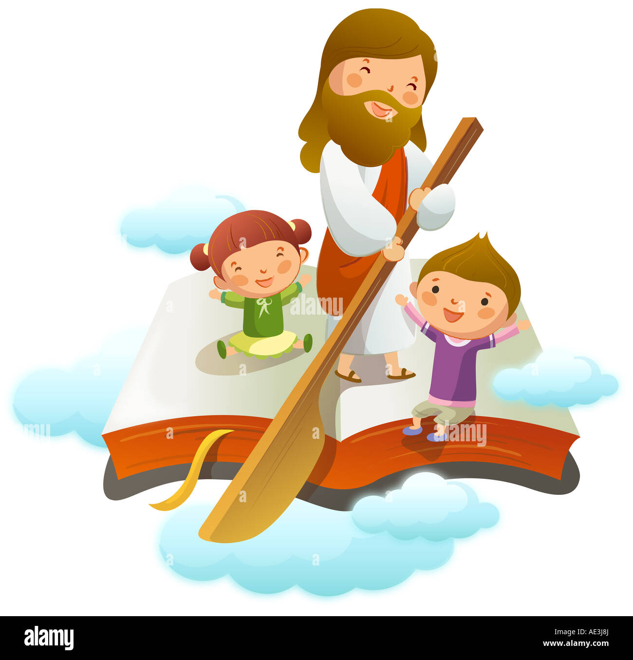 Jesus Christ rowing a book with two children sitting on it Stock Photo ...