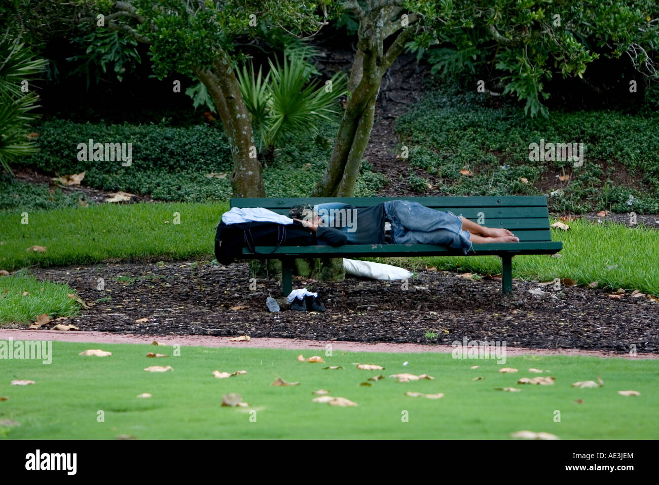 Transient Homeless Man Asleep on a City Park Bench Stock Photo - Alamy