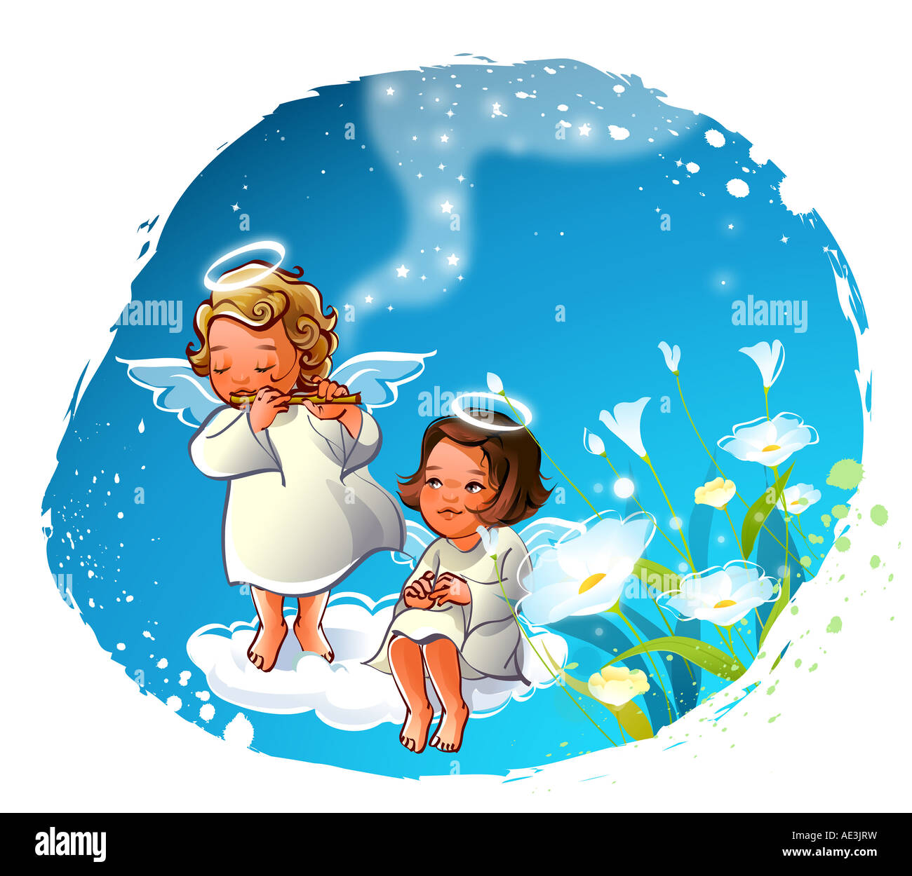 Two angels sitting on the clouds Stock Photo - Alamy
