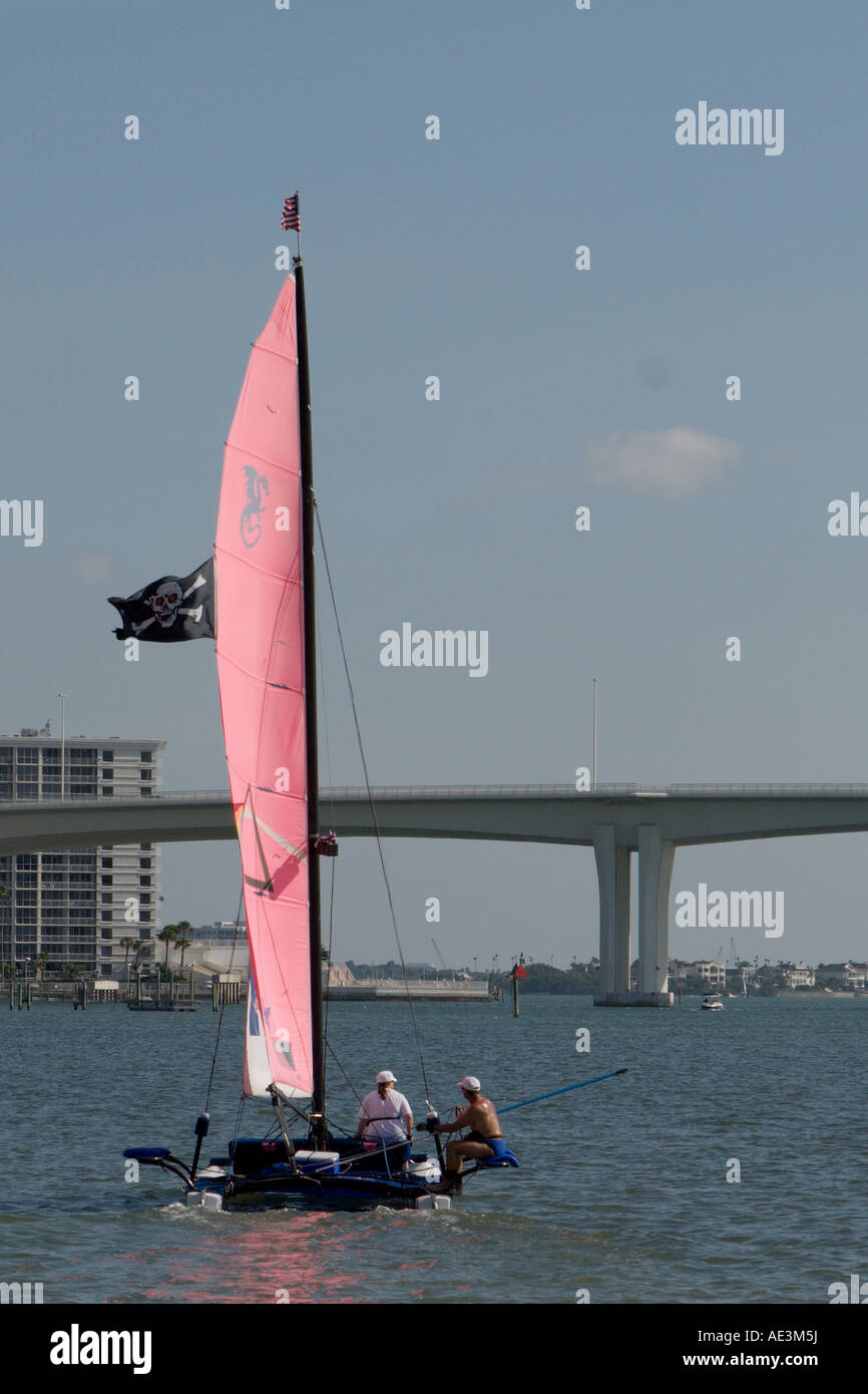 Catamaran Sailboat with Pink Sail and Pirate Flag Stock Photo - Alamy