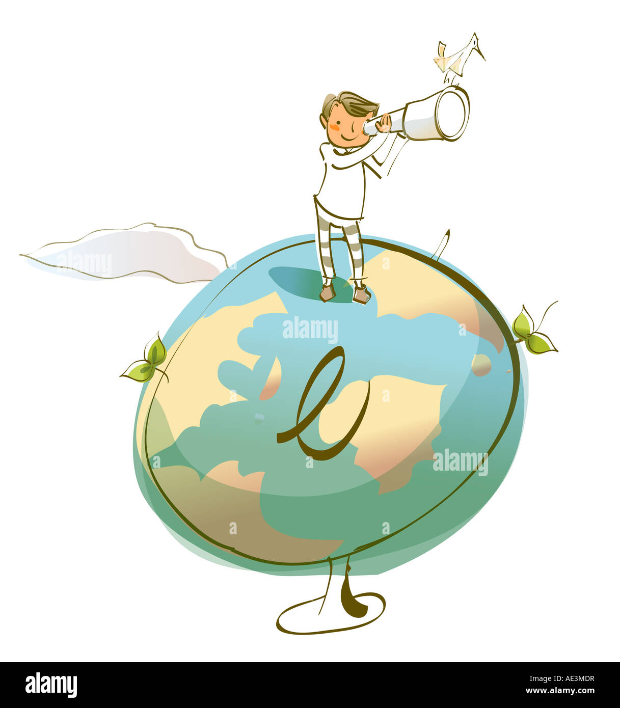 Man standing on a globe and looking through a hand-held telescope Stock ...